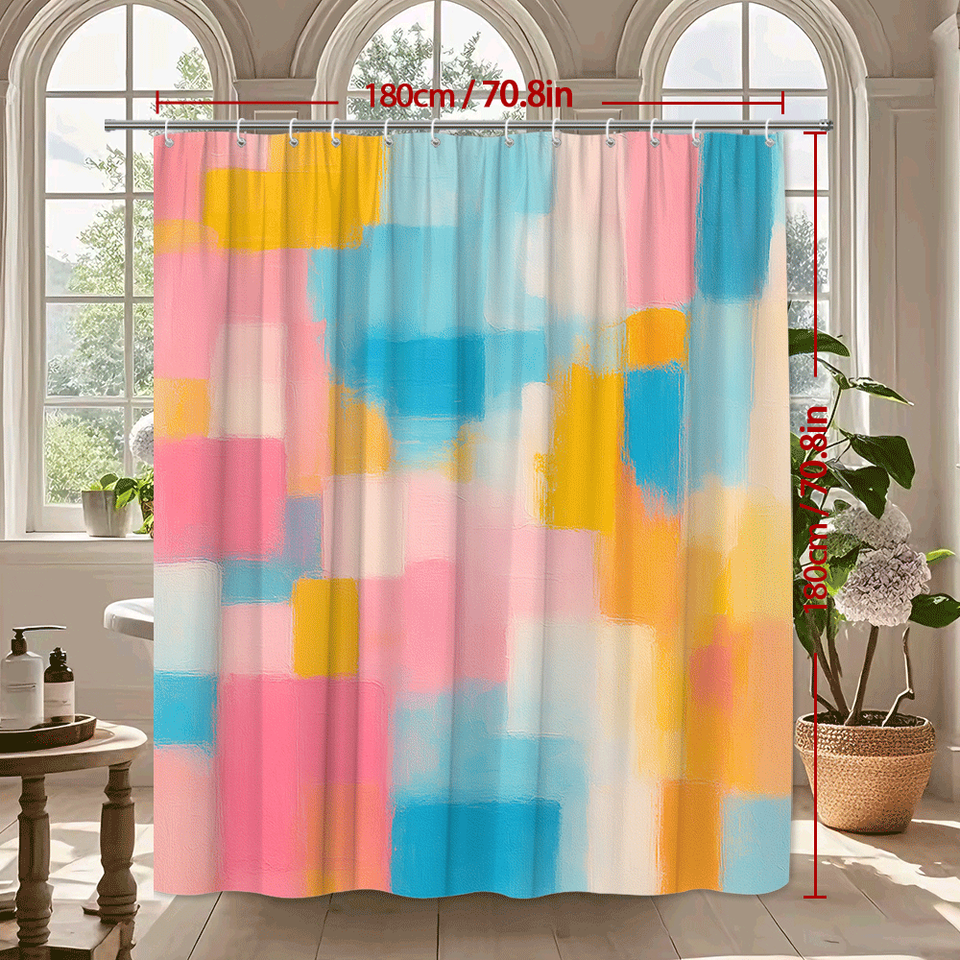 Colorful Abstract Shower Curtain - Pink, Blue, Yellow Design | eBay UK