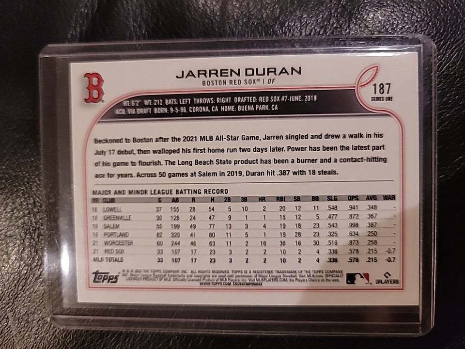 2022 Topps Series 1 Rookie Card #187 - Jarren Duran - Red Sox RC ...