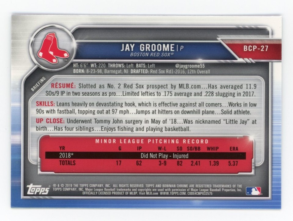 2019 Bowman Chrome Jay Groome #BCP-27 Boston Red Sox Prospect | eBay