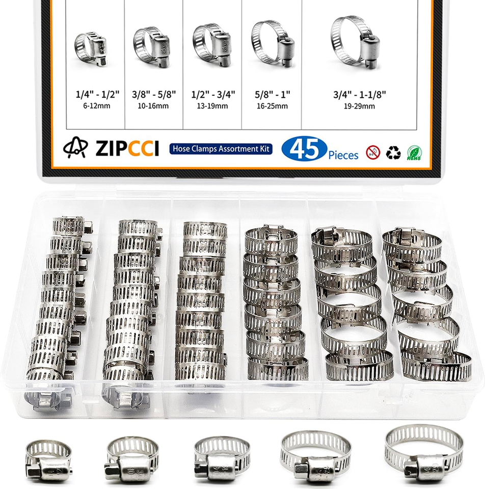 Hose Clamp Assortment, 45 Pack Stainless Steel Hose Clamps Kit Worm ...