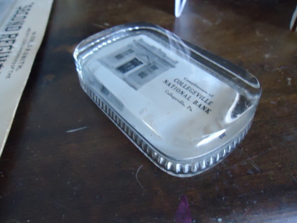 Antique Glass Advertising paperweight , Collegeville PA national bank ...