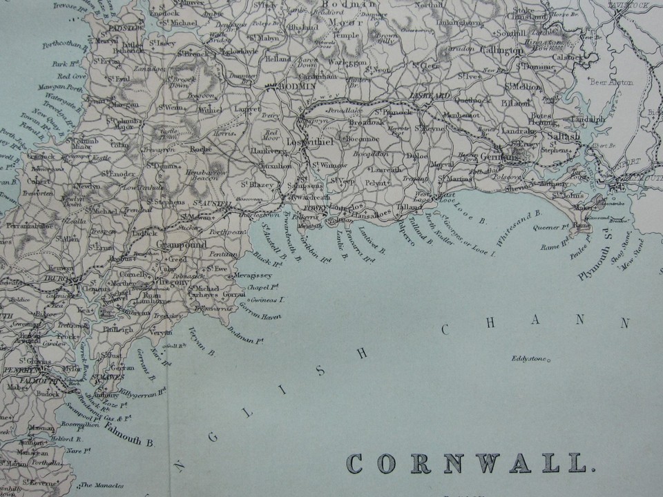 1868 MAP ENGLAND ~ CORNWALL BODMIN PENZANCE CAMELFORD FOWEY SCILLY ...