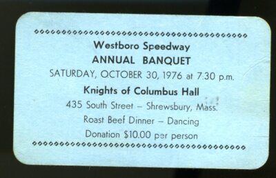 1976 Westboro Speedway Annual Banquet Ticket Shrewsbury, MA Knights of ...