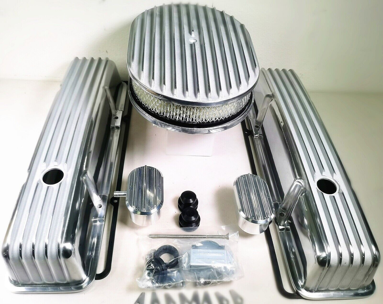 Small Block Chevy FINNED Alum Engine Dress up Kit Valve Covers 12" Air ...