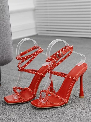 Sandales Élégant Femme Talon 11 CM Rouge Clous Rivets Cuir Synthetique ...
