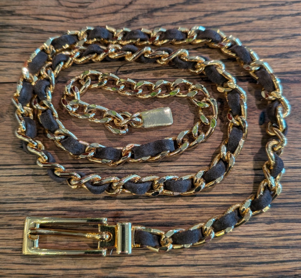 Womens Skinny Gold and Brown Leather Strip Chain Link Belt - Small | eBay