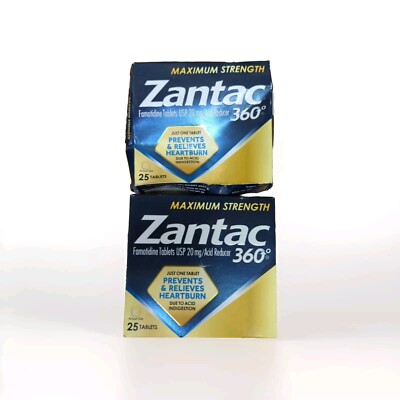 2 Pack Zantac 360 Famotidine 20mg Heartburn Treatment Tablet 25ct Each ...