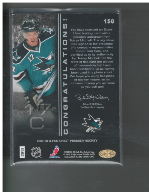 A7953- 2007-08 OPC Premier #158 Torrey Mitchell RC Auto Jersey /299 ...