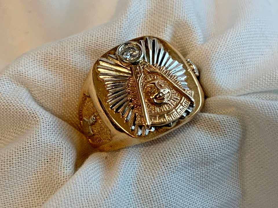Vtg 14k Gold Diamond Masonic Worshipful Master Ring 14.28g Fine Jewelry ...