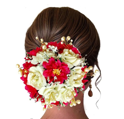 Artificial Rose Flowers With Pearl Juda Bun Color Dark Pink For Wedding ...