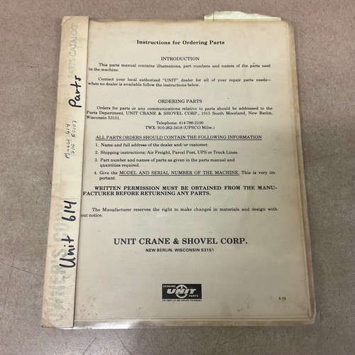Unit CRANE & SHOVEL MODEL 614 PARTS MANUAL CATALOG BOOK DRAGLINE ...