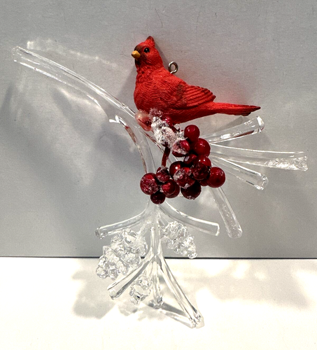 Cardinal Ornament Perched On Acrylic Branch With Mica Glitter & Berries ...