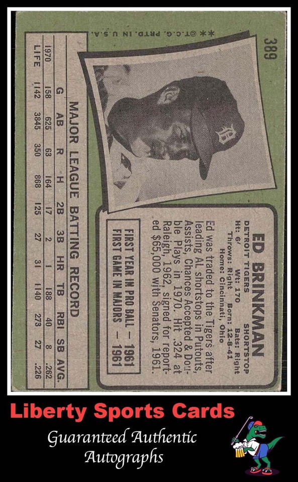 1971 Topps Ed Brinkman #389 Authentic Autographed Card Detroit Tigers ...