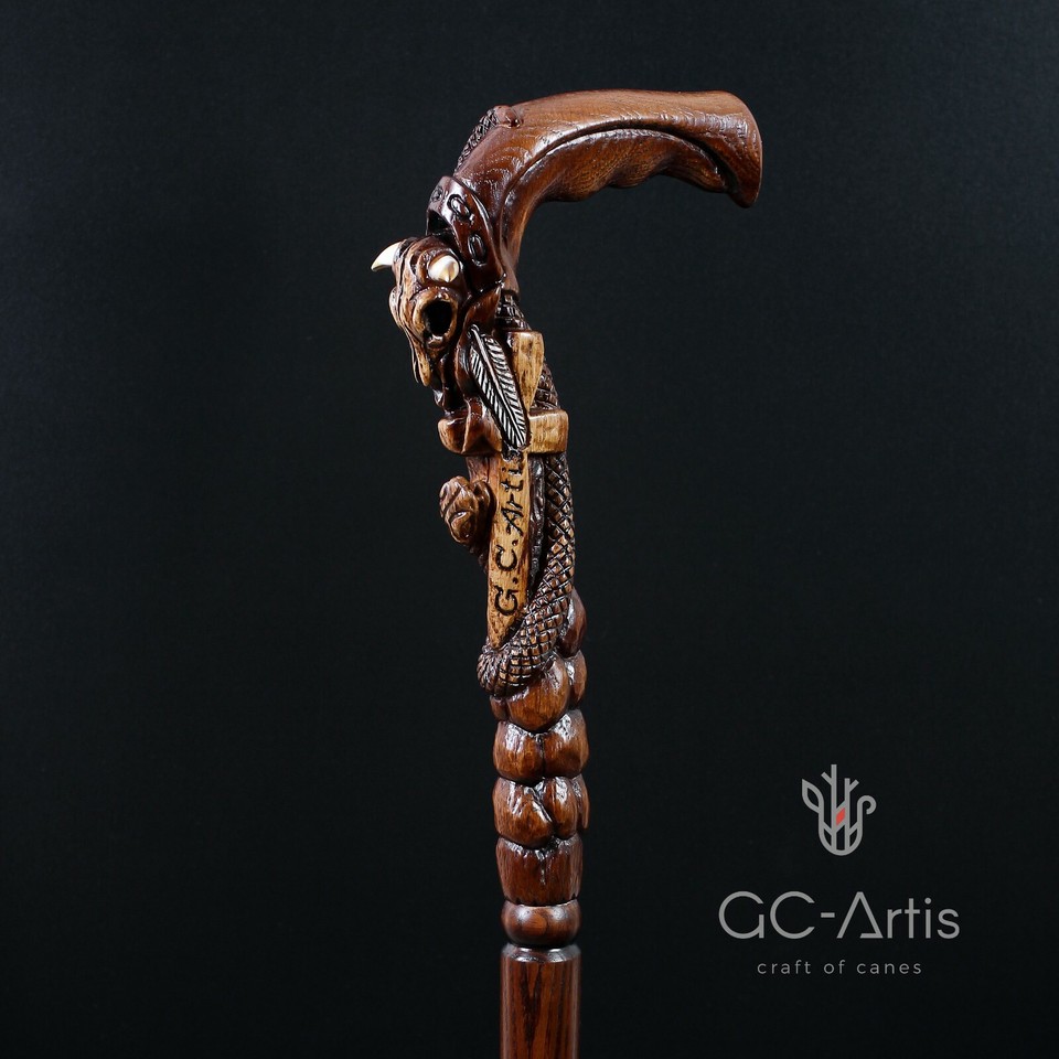 Wooden Walking cane stick Buffalo Bull Skull Snake & Cross Hand Carved ...