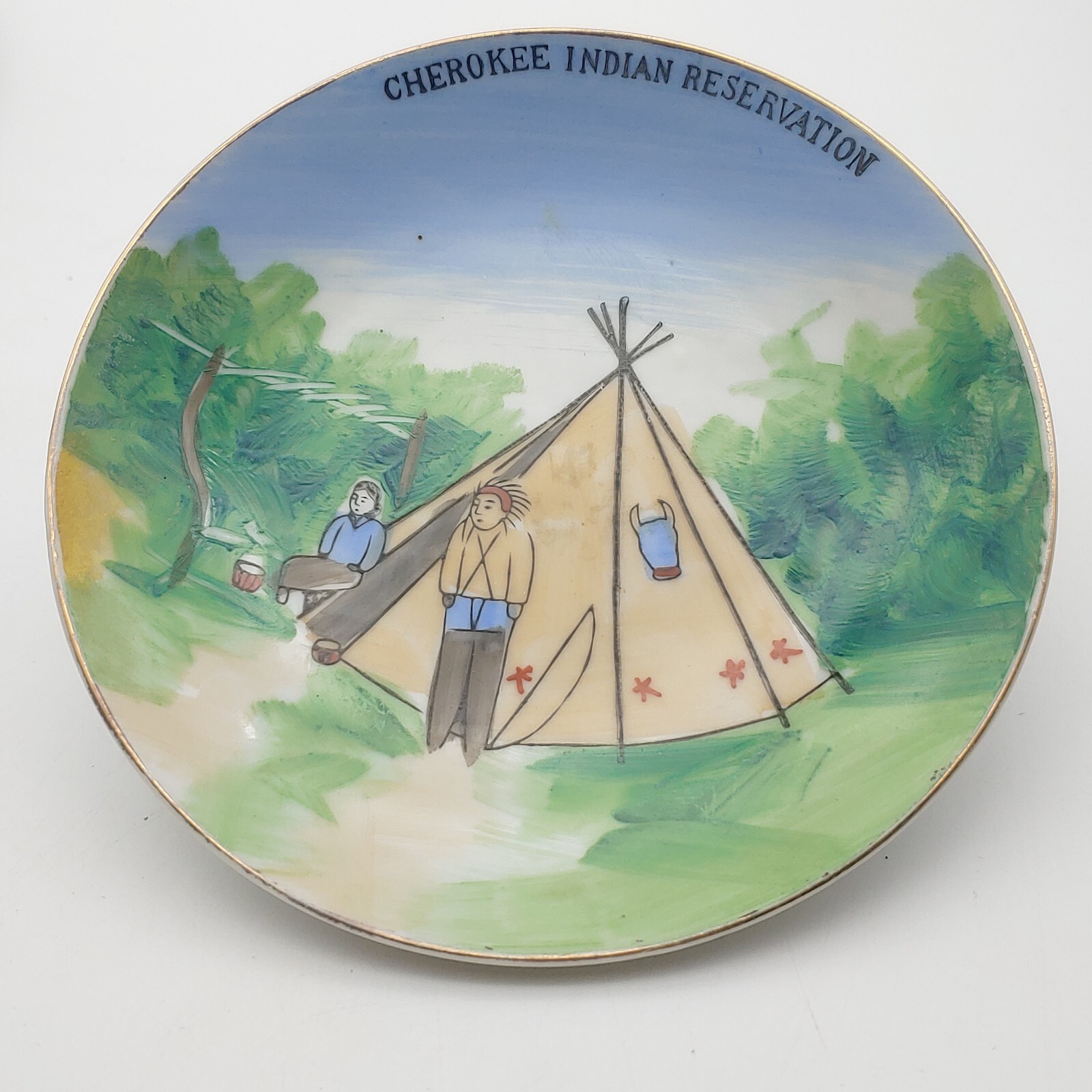 Vintage Cherokee Indian Reservation 5 1/4" Souvenir Plate Wigwam hand ...