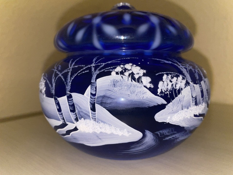 Fenton Cobalt Winter Scene Trinket Box George W Fenton Museum 2003 HP ...