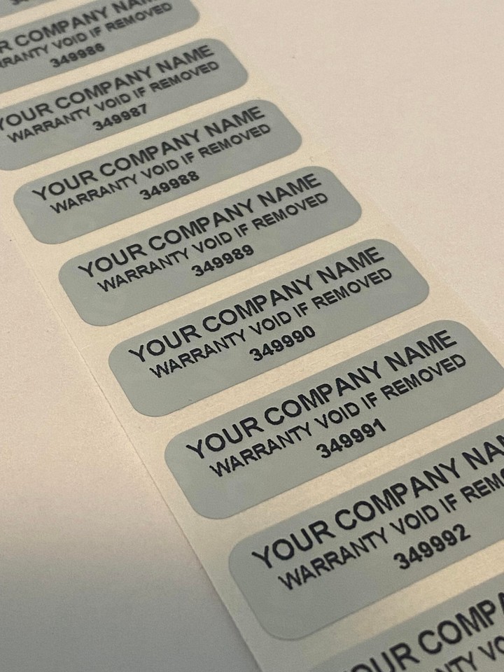 100 CUSTOM PRINTED SECURITY VOID LABELS ASSET STICKERS SEALS 1.5 X .50 ...