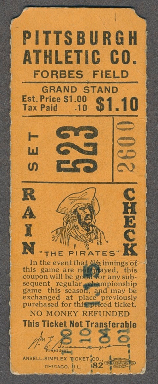 PITTSBURGH PIRATES 1932-46 Forbes Field Undated Ticket Stub Grandstand ...