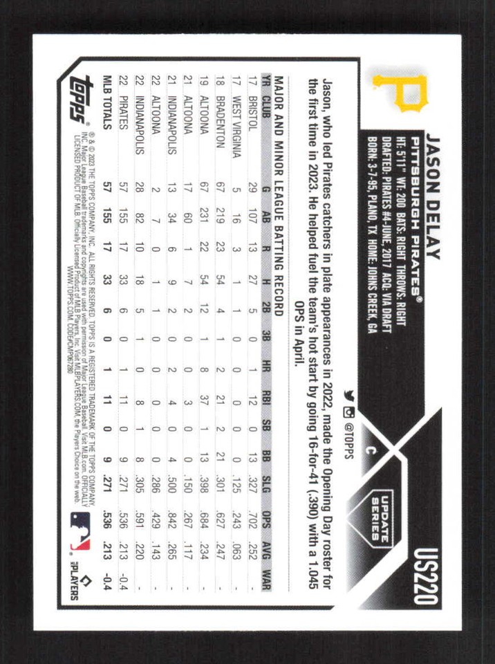 Jason Delay RC 2023 Topps Update Pittsburgh Pirates #US220 | eBay