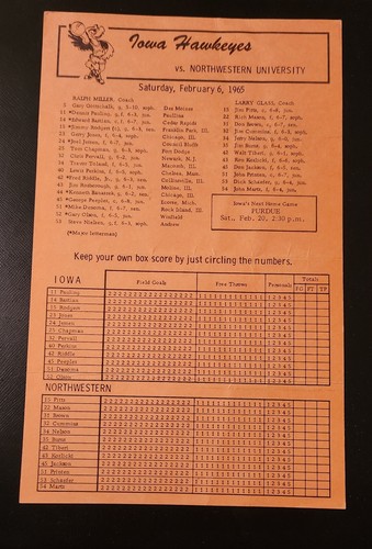 1965 Basketball Score card- Iowa Hawkeyes Vs Northwestern Wildcats NCAA ...