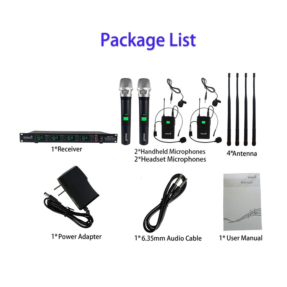4CH Quad UHF Wireless Church Microphone Studio 2 Headset 2 Handheld ...