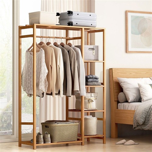 Bamboo Garment Rack Large Clothes Rail Rack with Shelves Wardrobe for ...