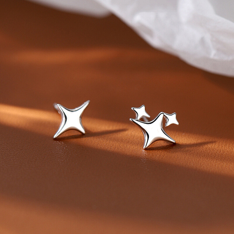 1Pair Personality Fashion Silver Color Four-Pointed Star Zircon Stud Earrings | eBay