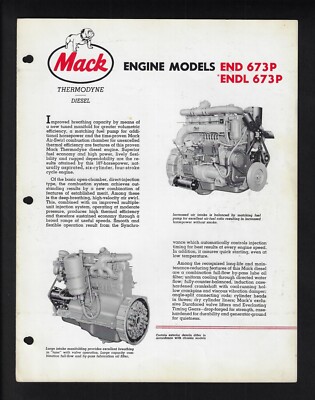 MACK TRUCKS END & ENDL 673P ENGINES 4 PAGE SPECIFICATIONS BROCHURE 11/ ...