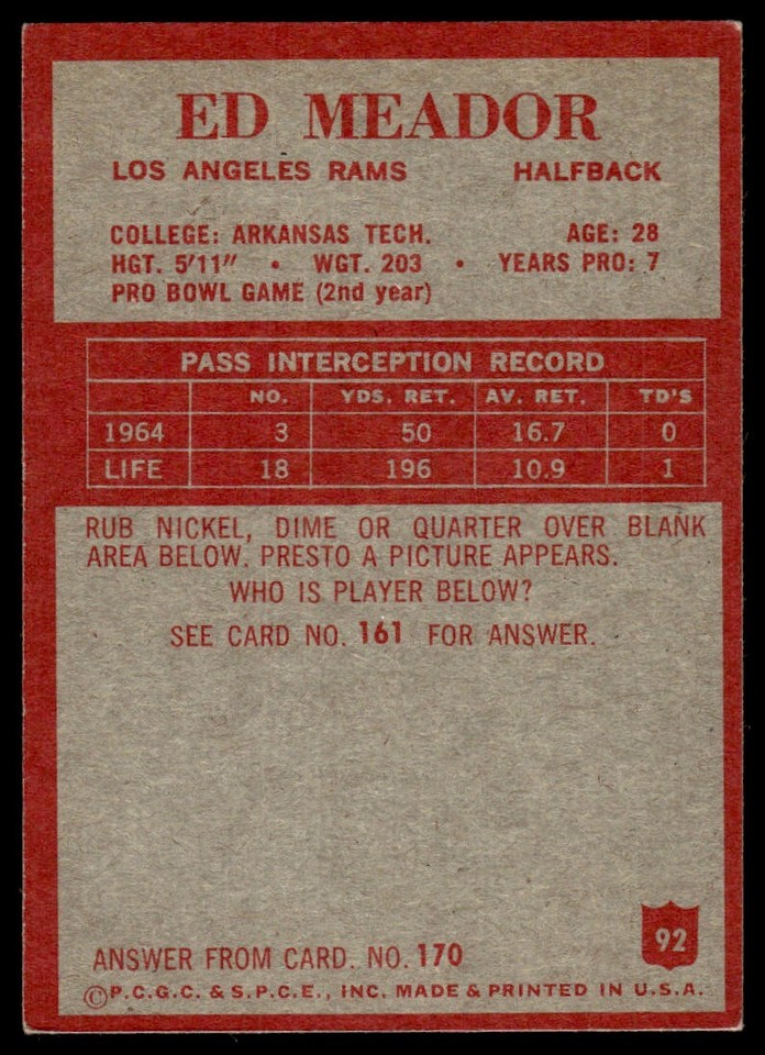 1965 Philadelphia Ed Meador Los Angeles Rams #92 | eBay