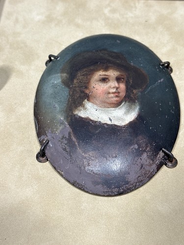 19thC Antique MINIATURE Victorian CHILD PORTRAIT Old SLATE PLAQUE Oil ...