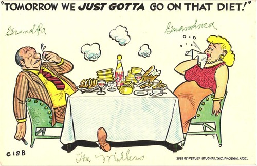 Tomorrow We Just Gotta Go on That Diet! Man and Woman Eating Vintage ...