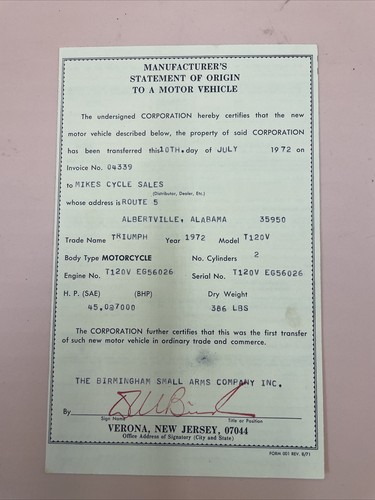1972 TRIUMPH T120V MANUFACTURER'S STATEMENT OF ORIGIN MSO DOCUMENT 650 ...