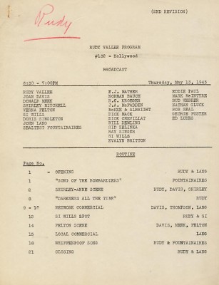 RUDY VALLEE DONALD MEEK SHIRLEY MITCHELL 1943 RADIO SHOW SCRIPT w ...