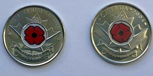 CANADA 2004 + 2008 Uncirculated Canada QUARTER RED COLOR POPPY 25 CENT ...