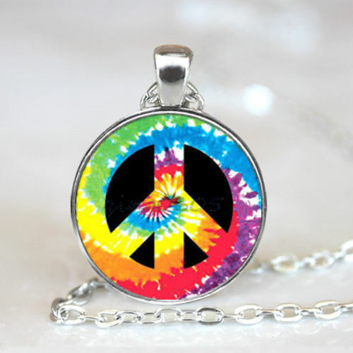 PEACE SIGN SYMBOL RAINBOW TYE DYE pendant Sterling 18" Silver 925 ...