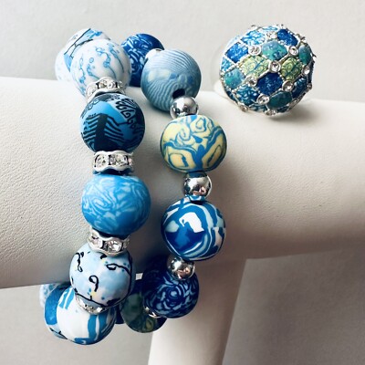 Viva Beads Chunky Clay Handmade Set Of Two Stretchy Bracelets & Ring ...