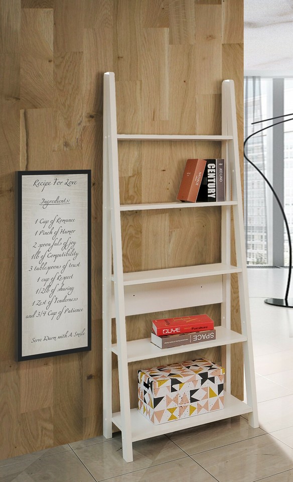 White Step Ladder Shelving Unit 5 Tier Leaning Bookcase Storage Display ...