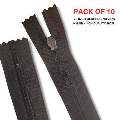 20 inch Zip Nylon Closed End Zips Zipper High Quality 50cm BLACK - PACK ...