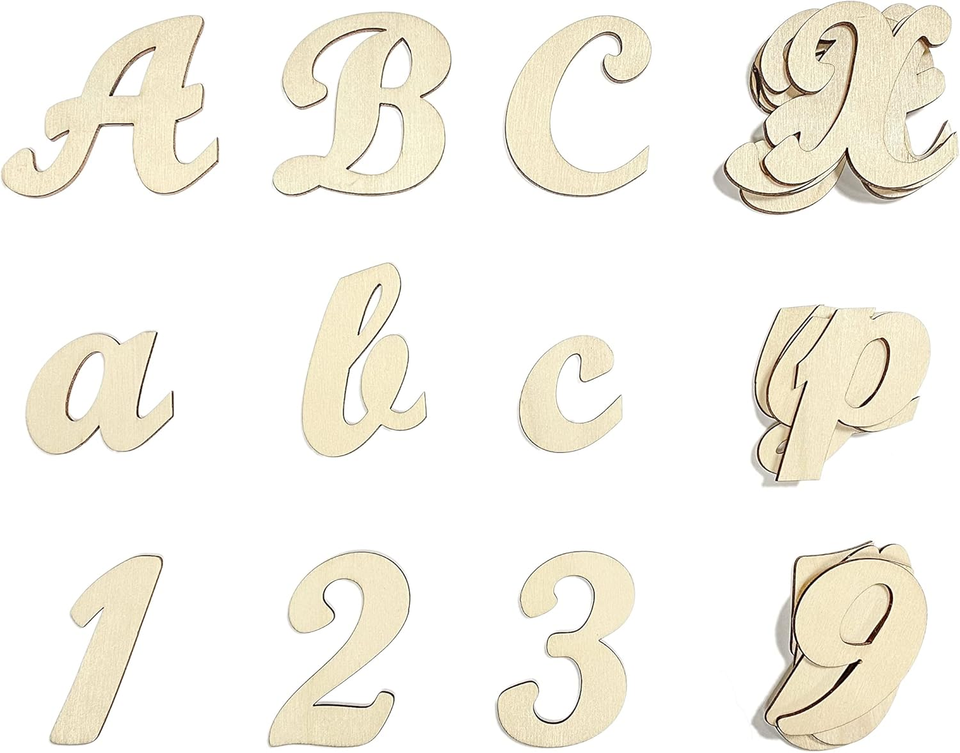 2 Inch 458 Pcs Wooden Cursive Letters Numbers Crafts Unfinished Wood ...