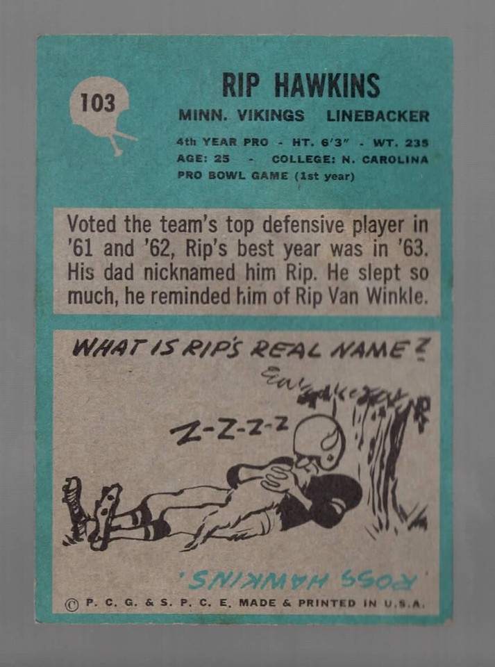 1964 Philadelphia #103 Rip Hawkins Fair/Good (crease) | eBay