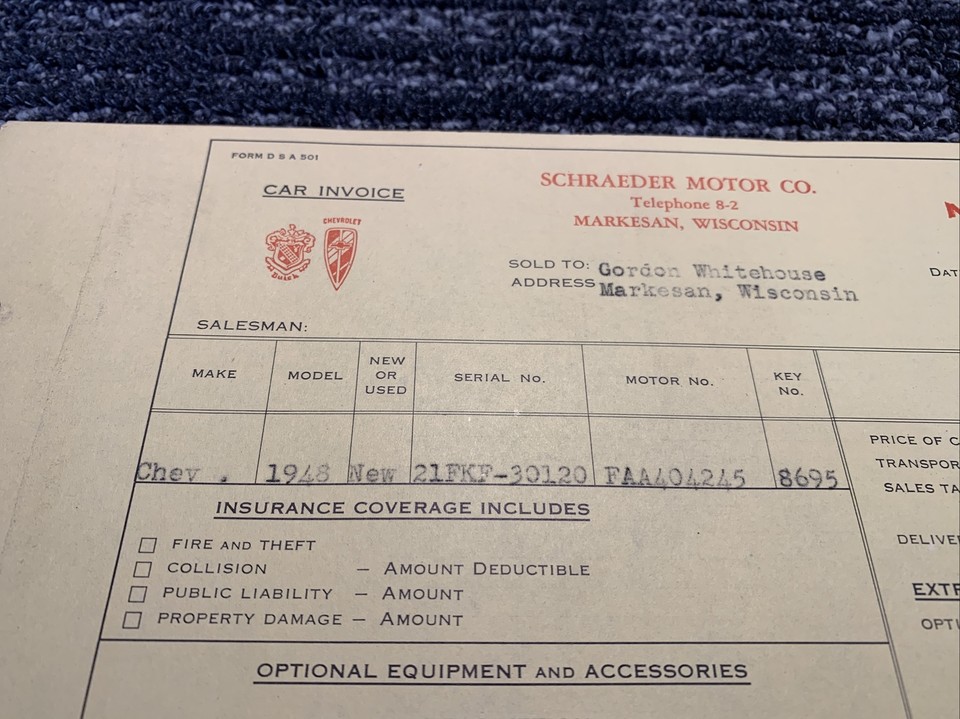 Vtg 1948 Chevrolet New Auto Dealer Sales Receipt Car Dealership Invoice ...