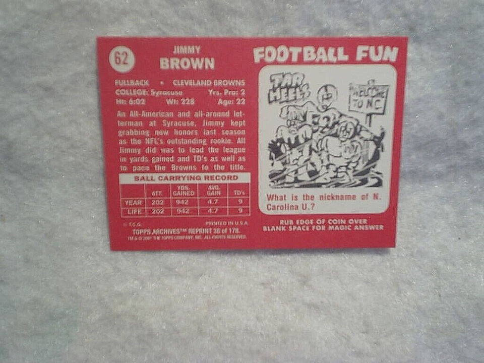 2001 TOPPS ARCHIVES JIM BROWN ROOKIE FOOTBALL CARD #62,Cleveland Browns ...