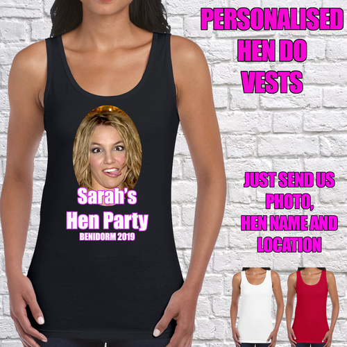 LADIES HEN PARTY VEST TOPS PHOTO PRINTED PERSONALISED HEN DO DESIGN ...