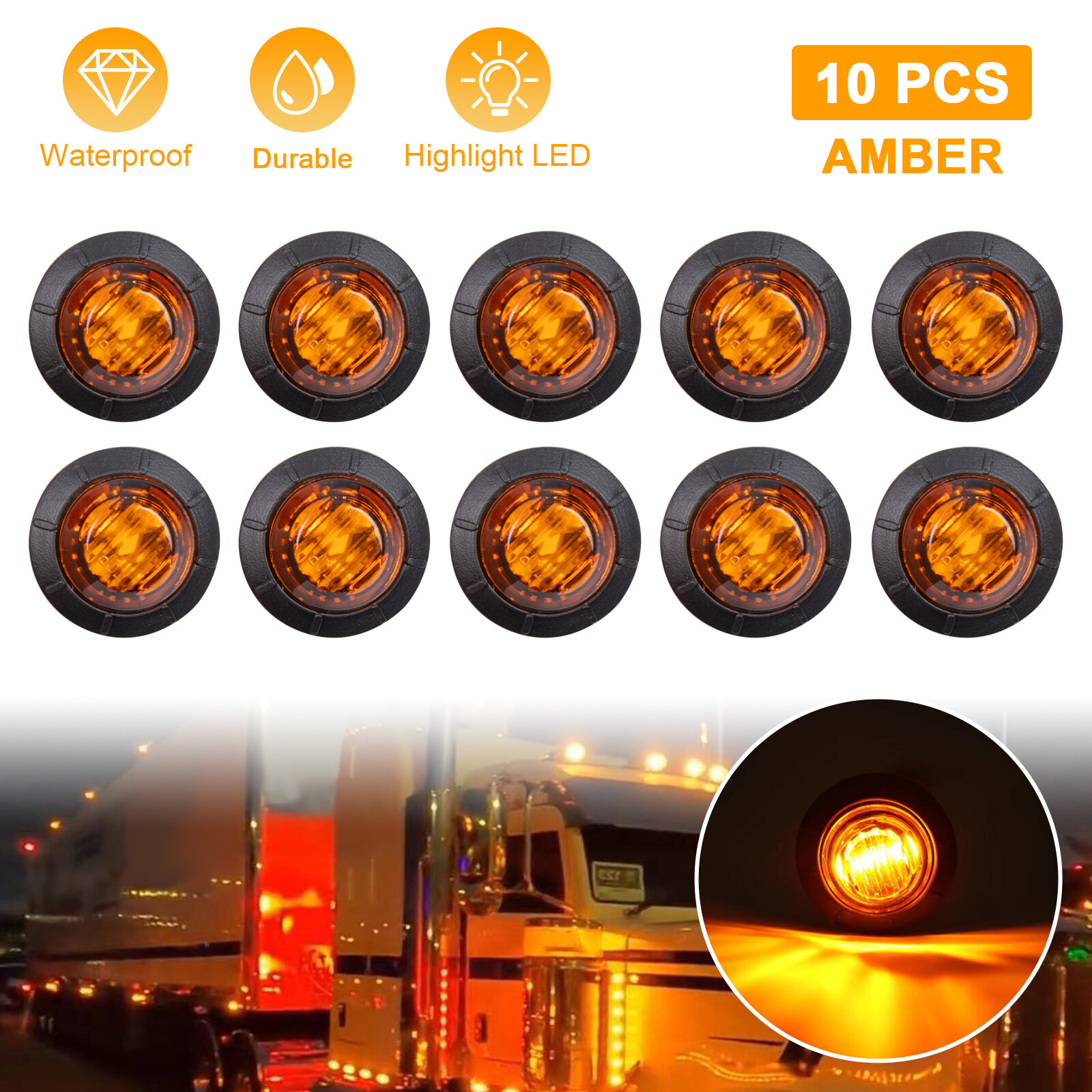 3/4" 12V Marker Lights LED Truck Trailer Round Side Bullet Light Amber ...