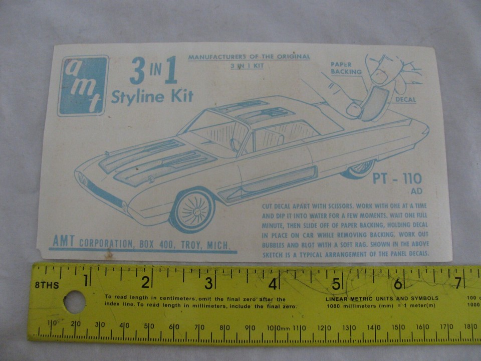 Vintage 1960s AMT 3'n1 Styline Model Car Kit Decals Sheet #PT-110 Un ...
