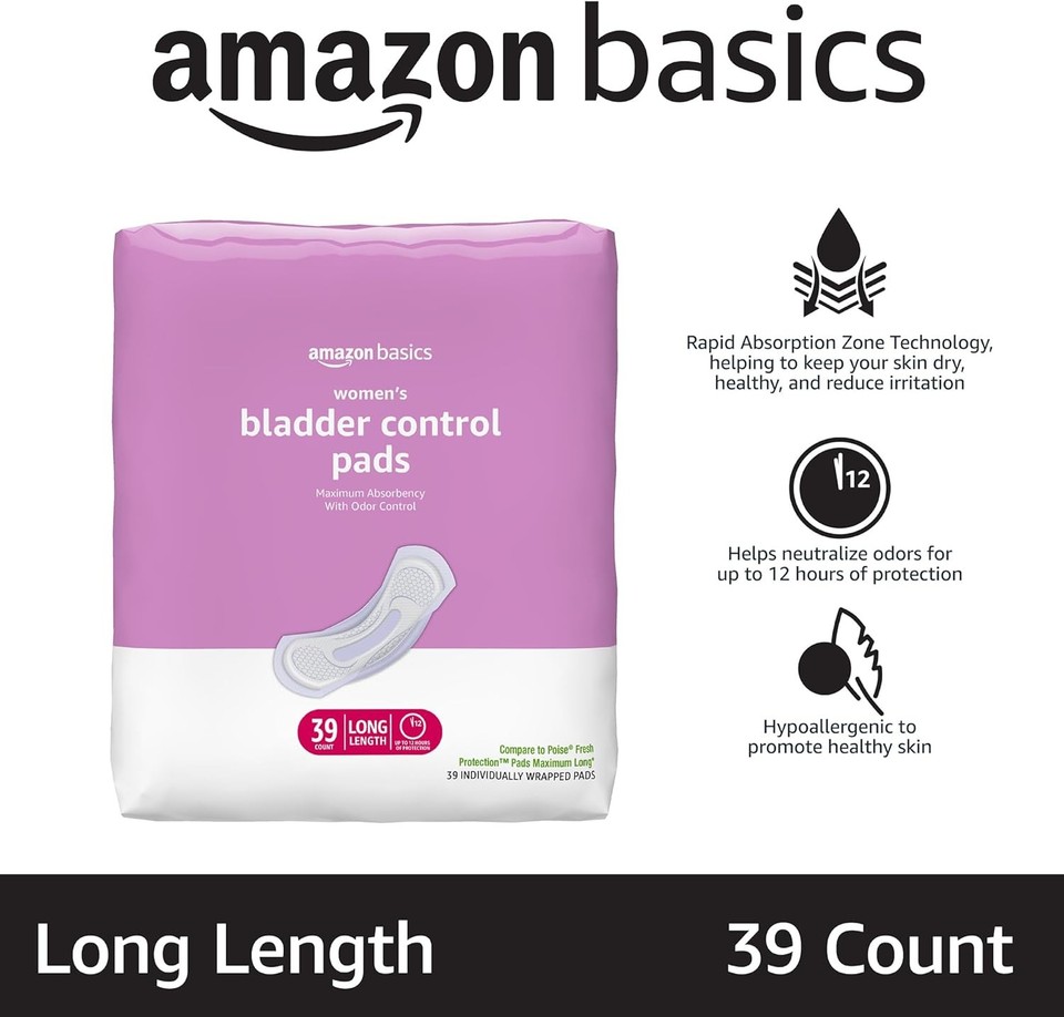 Amazon Basics Incontinence Pads for Women Long, Bladder Control ...