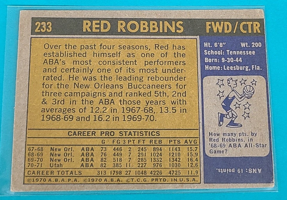 1971-72 Topps RC #233 Red Robbins Utah Stars BASKETBALL Card L6 | eBay