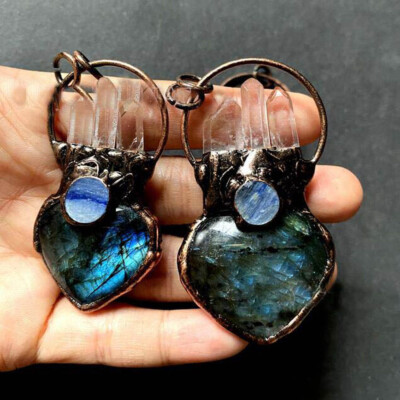 Natural Labradorite Crystal Clear Quartz Heart Pendant Point Healing ...