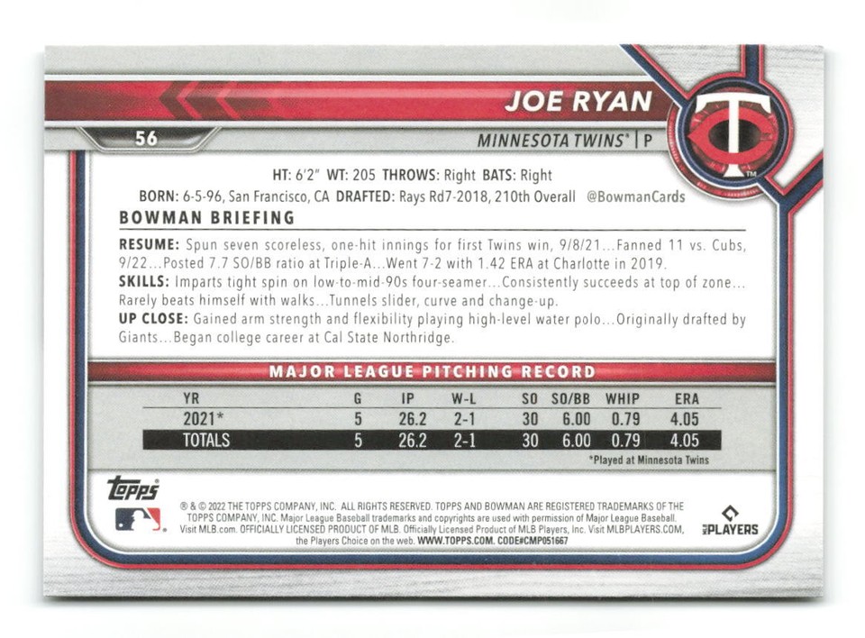 2022 Bowman Joe Ryan Rookie #56 RC Minnesota Twins Baseball Card | eBay