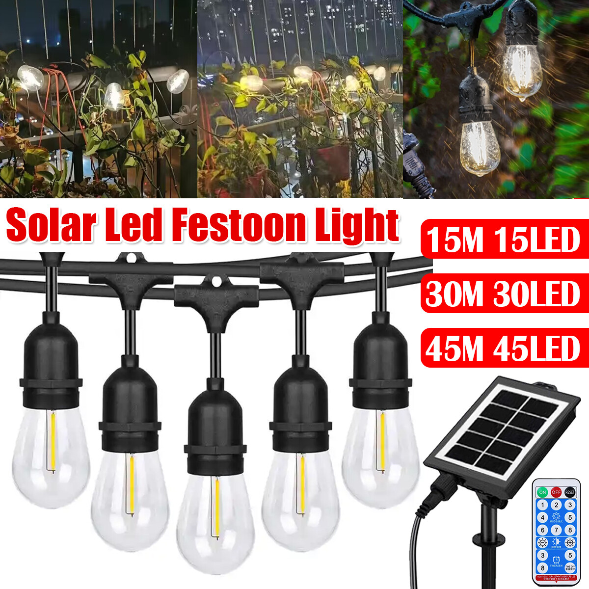 1/2/3Pack 45M Solar Powered Festoon Retro Bulb String Lights Garden ...